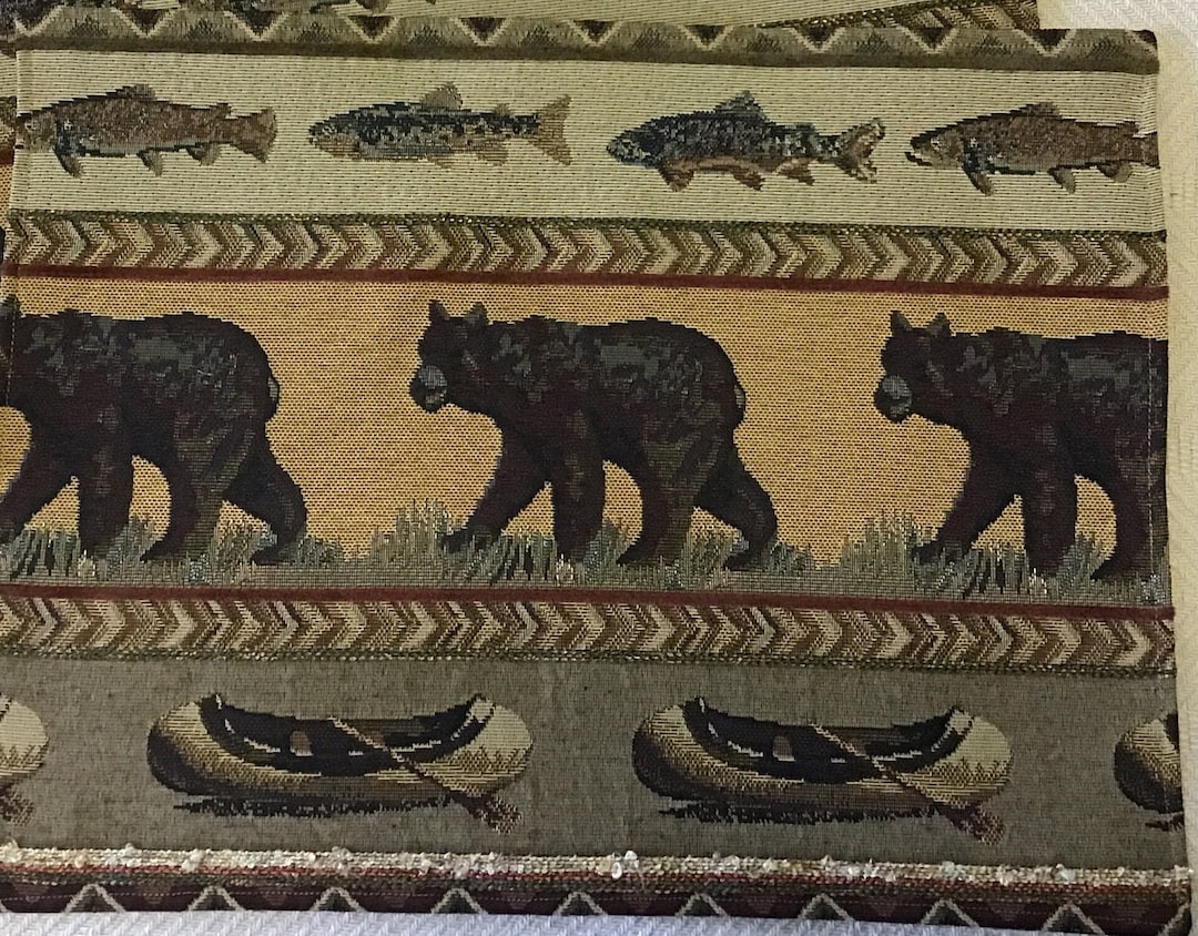 4 or 6 per Set Tapestry Bear and Canoe Placemats, Rustic Cabin Decor ...