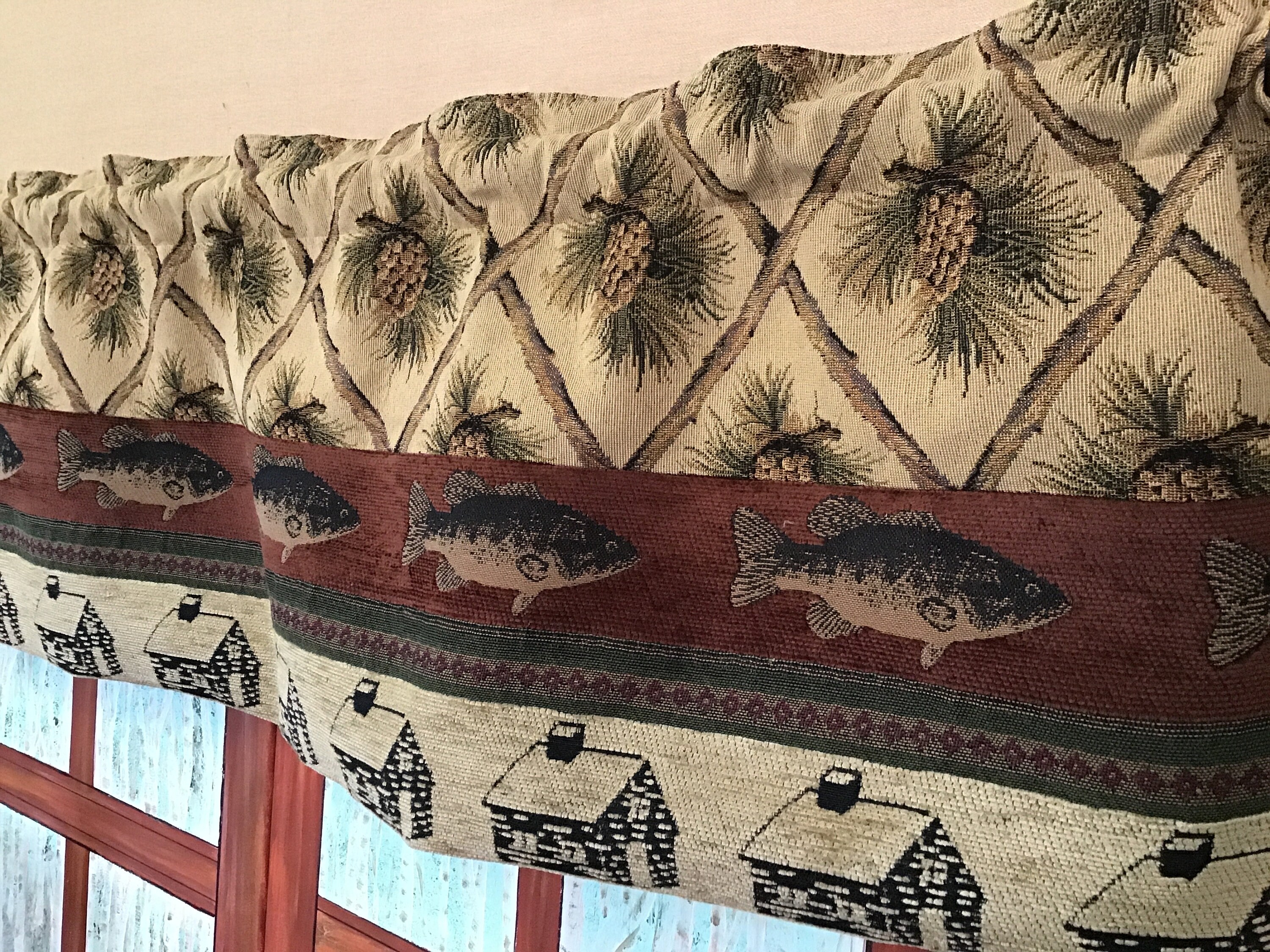 USA Sewn 36-108 Inch Valance, Fish, Beige Pinecone, Rustic Log Cabin ...