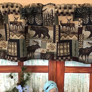 96 Inch Wide Tapestry Valance. Rustic Cabin Decor Curtain, Bear Moose ...