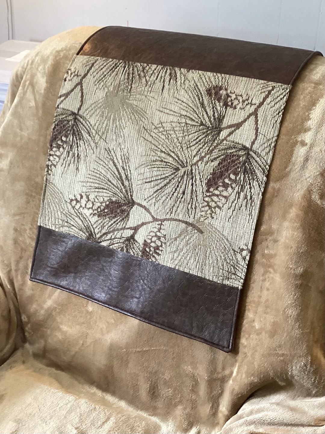 USA Sewn Pinecone and Faux Leather Chair Headrest Cover: Rustic Cabin ...
