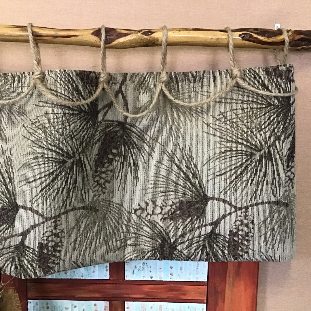 Pinecone Branch Jute Rope Tab Top Valance, Rustic Cabin Decor, Lodge ...