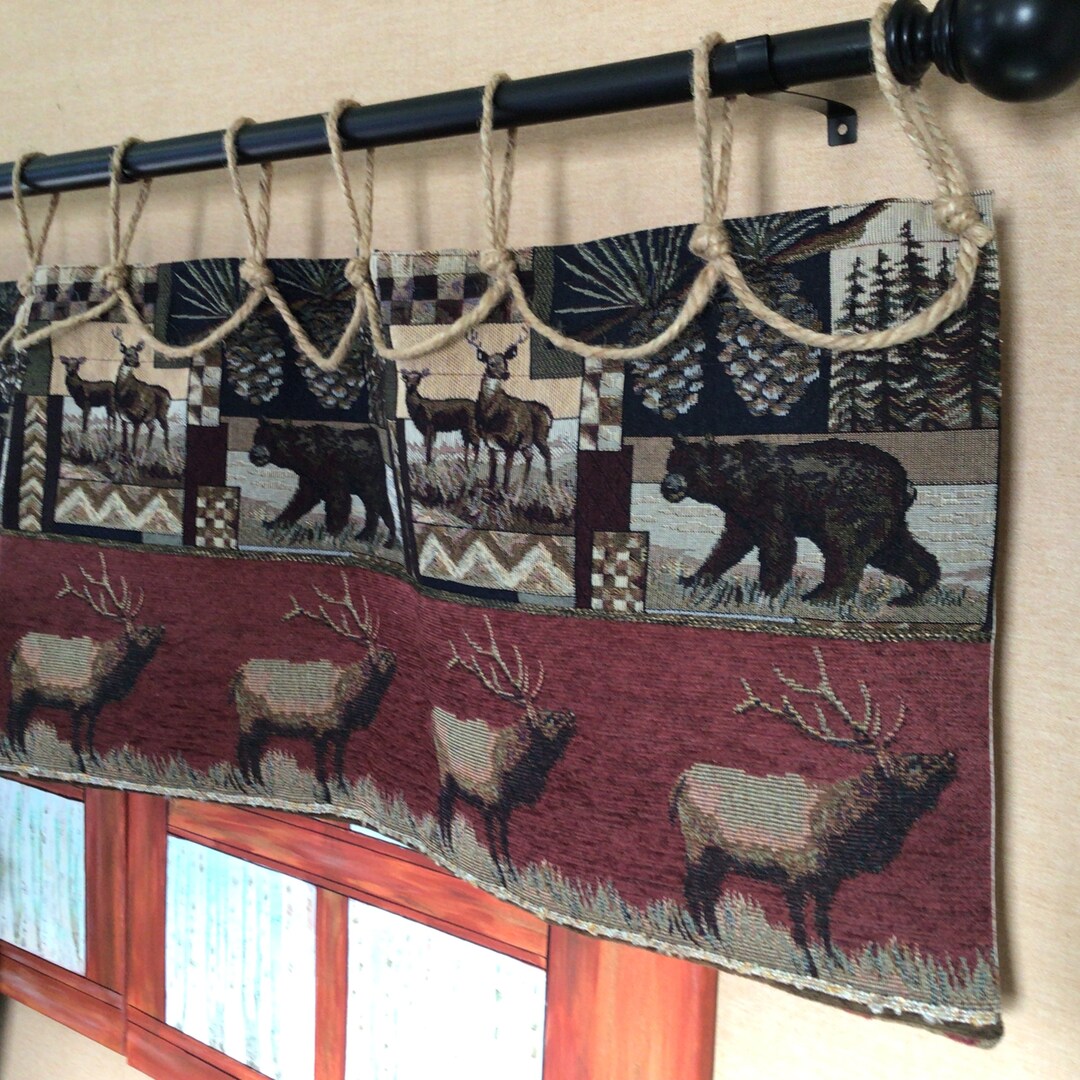 Cabin Decor, Jute Rope Tab Top, Valance, Elk Tapestry Design for Your ...