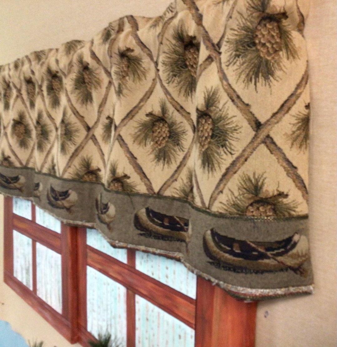 Window Valances, Rustic Cabin Decor, Beige Pinecone, Canoe, Country ...