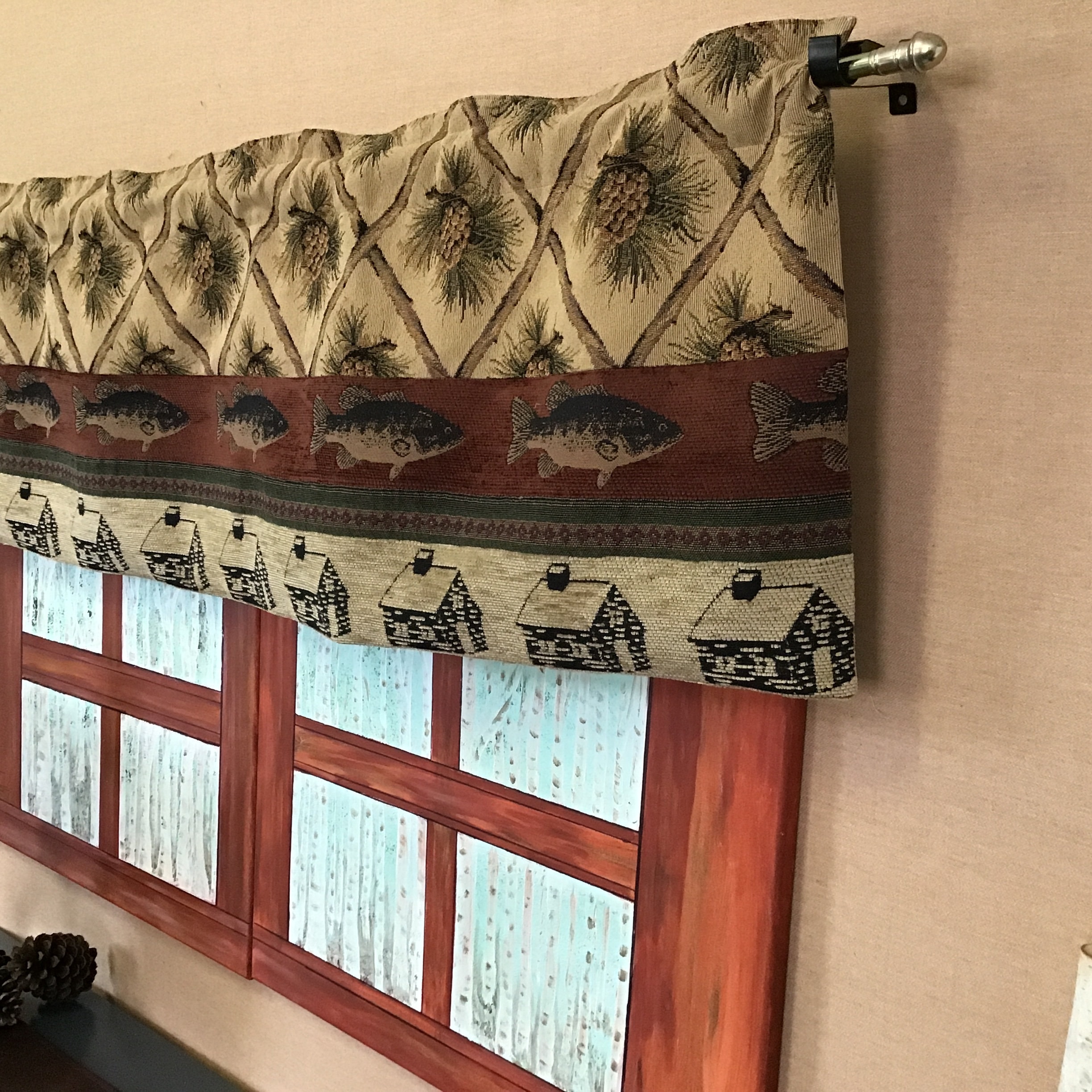 USA Sewn 36-108 Inch Valance, Fish, Beige Pinecone, Rustic Log Cabin ...