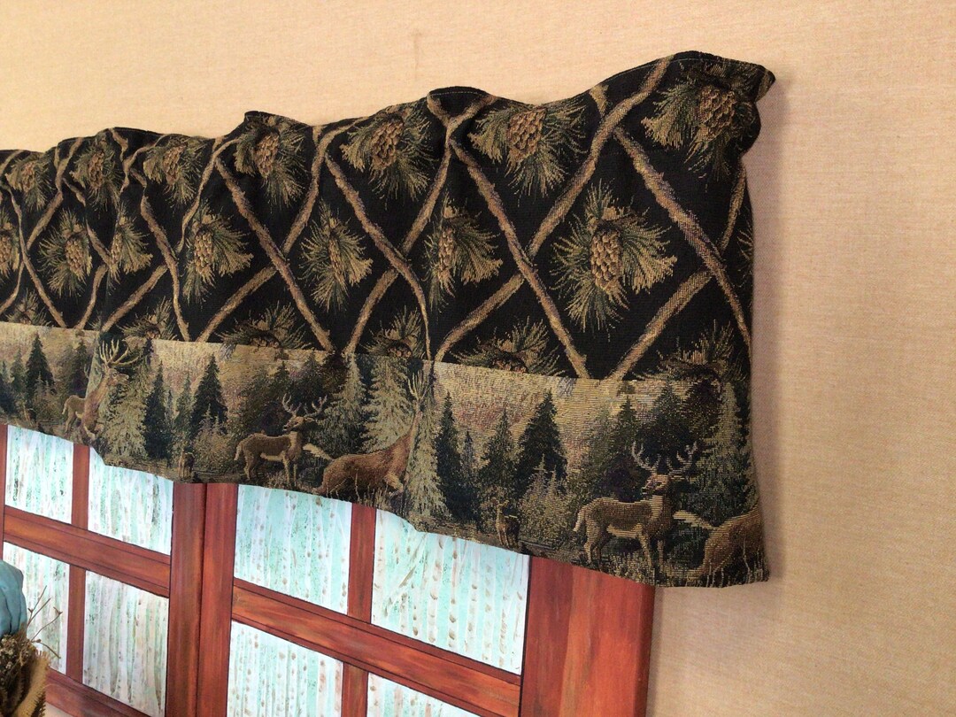White Tail Deer Tapestry Valance and Black Pinecone, Rustic Cabin Decor ...