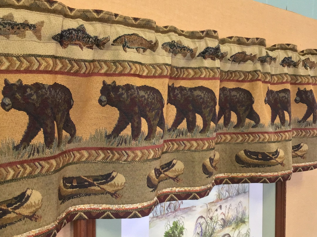 Bear and Canoe Tapestry Valance. Rustic Cabin Decor, Curtain, Log Cabin ...