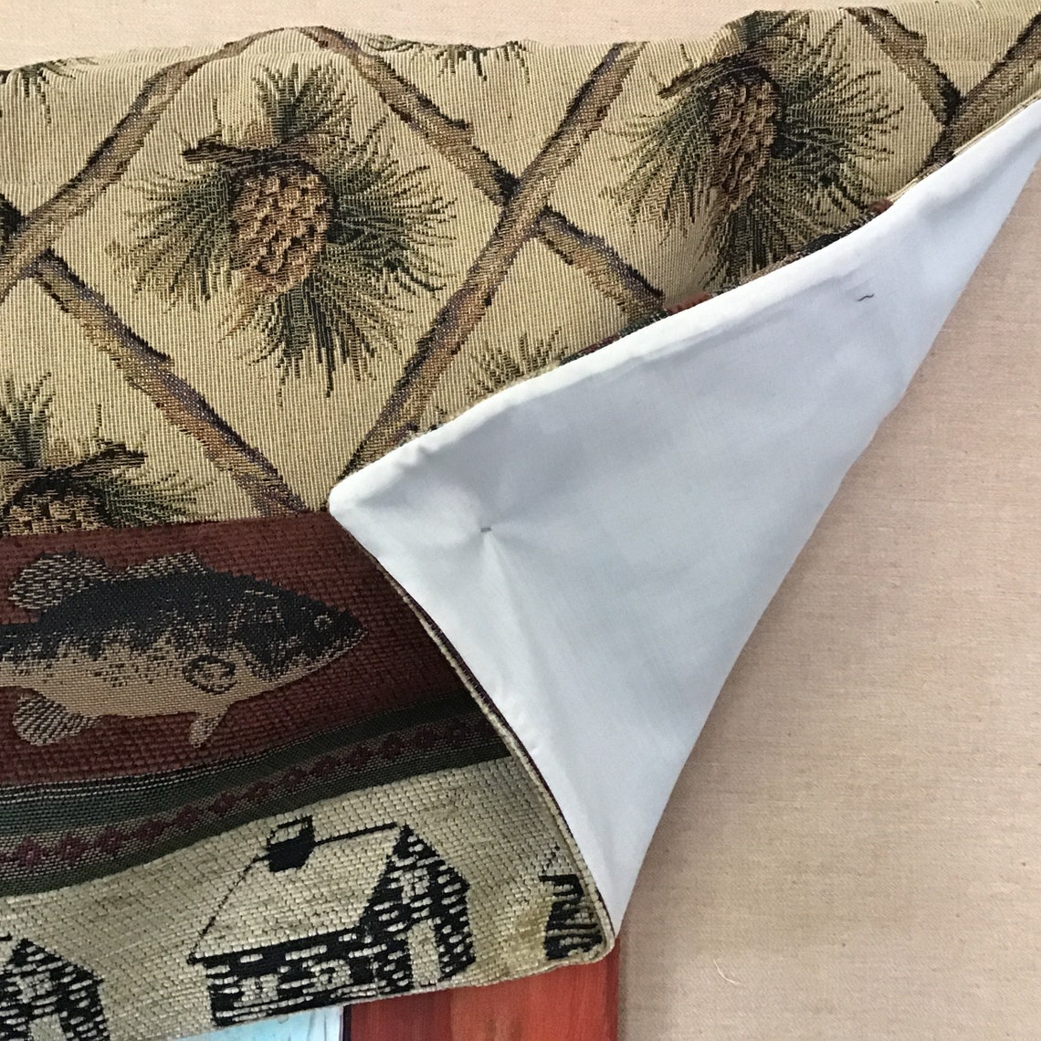 USA Sewn 36-108 Inch Valance, Fish, Beige Pinecone, Rustic Log Cabin ...