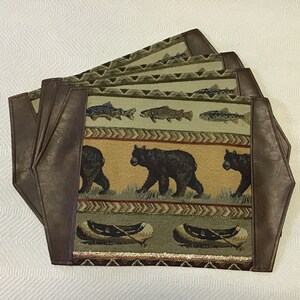 Bear and Canoe Faux Leather Table Runner, Placemats, Rustic Cabin Decor ...