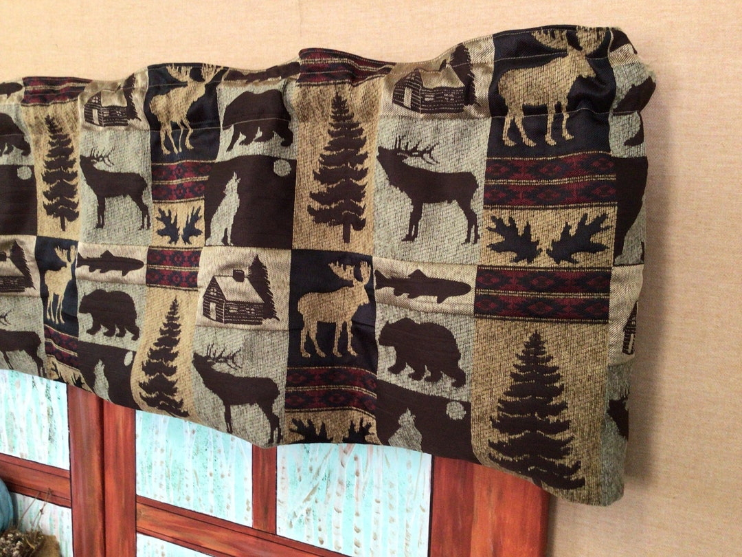 Cabin Valance, Elk Moose Bear Wolf Fish Patchwork, Rustic Cabin Decor ...