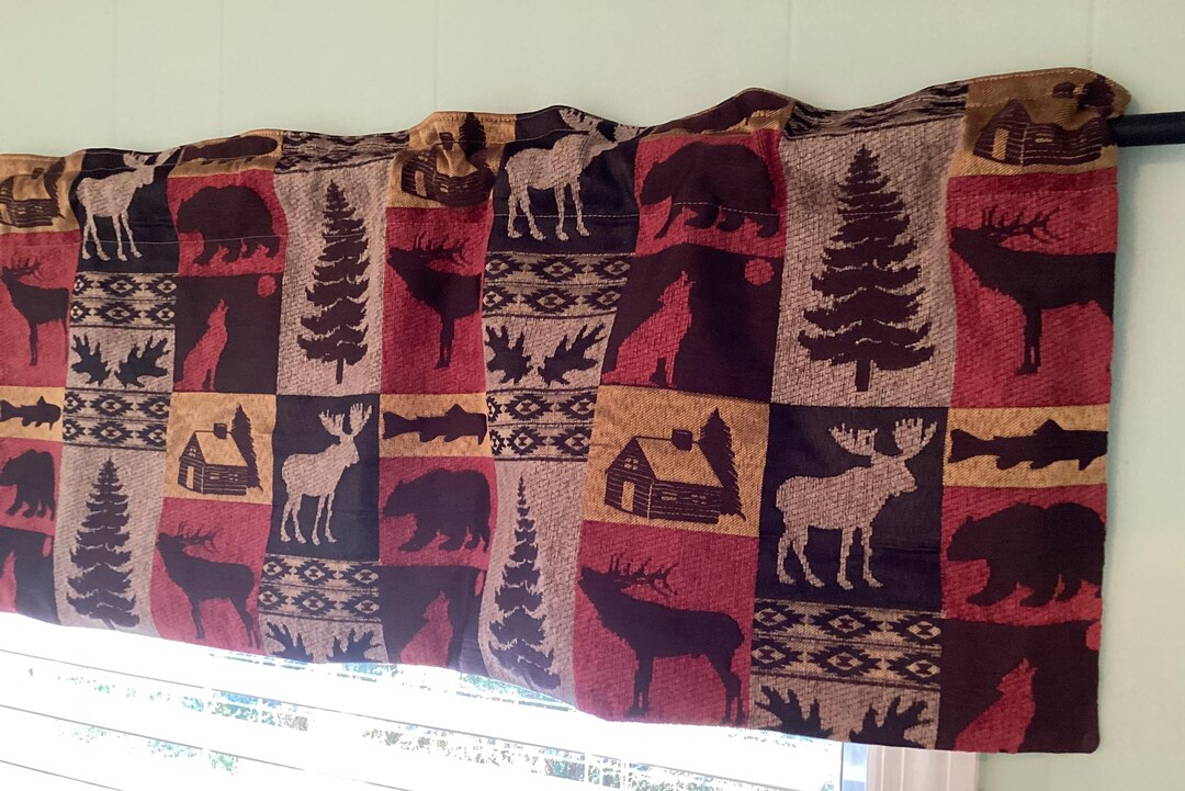 3 1/2 Inch Rod Pocket Cabin Valance, Elk Moose Bear Wolf Fish Patchwork ...