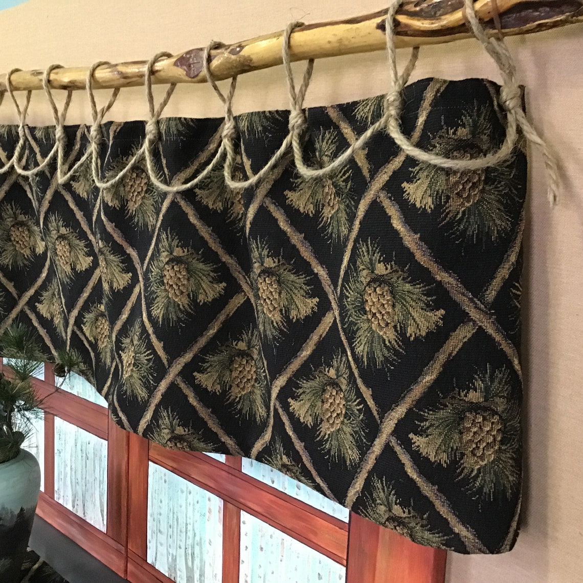 Black Pinecone Jute Rope Tab Top Cabin Valance Lodge Rustic | Etsy