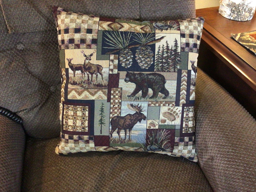 Tapestry Moose, Bear, Deer Patchwork Cabin Throw Pillow, Bed Sham ...