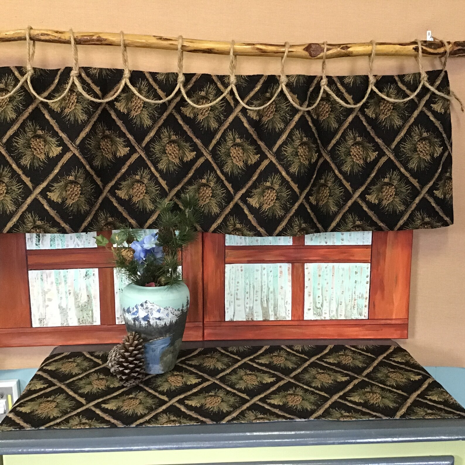 Black Pinecone Jute Rope Tab Top Cabin Valance Lodge Rustic - Etsy
