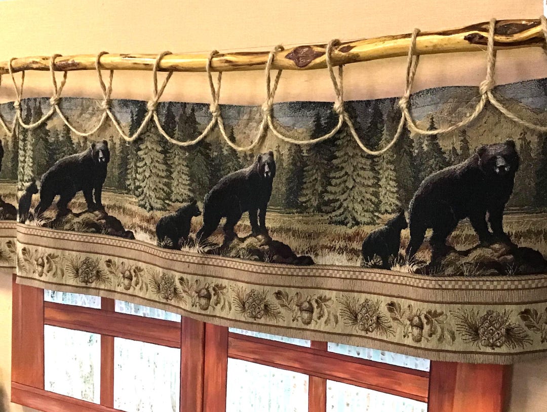 Jute Rope Tab Top Valance, Black Bear Tapestry: Rustic Cabin Decor ...