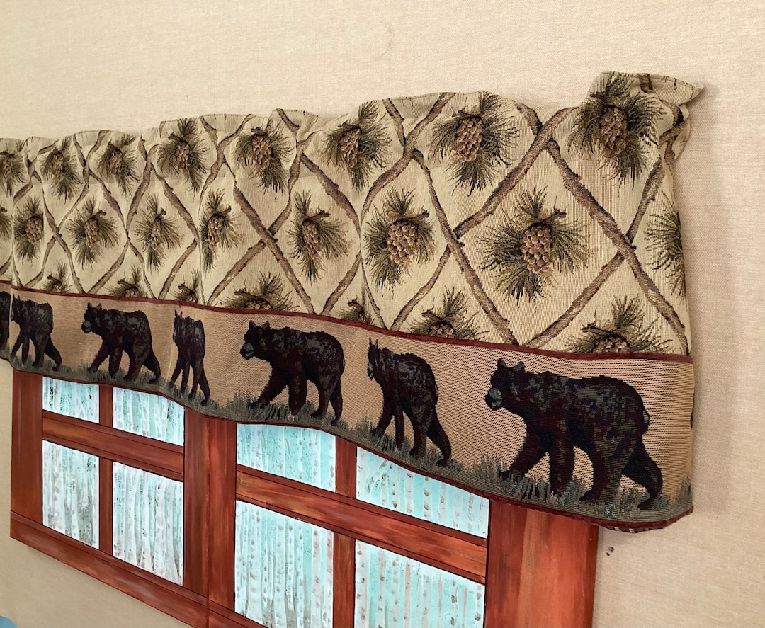 Tapestry Valance, Rustic Cabin Decor Curtain, Beige Pinecone and Bear ...