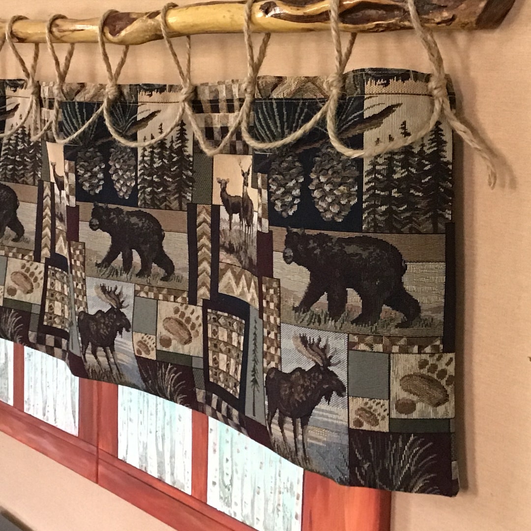 Jute Rope Tap Top Valance, Moose, Bear, Deer, Patchwork, Rustic Cabin ...