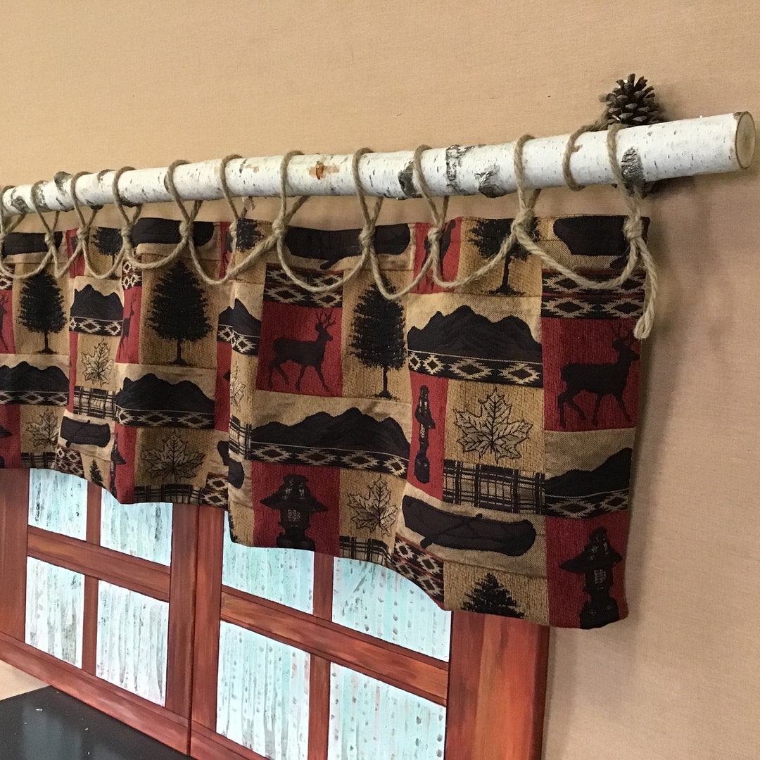 USA Made Jute Rope Tab Top Valance, Patchwork, Deer, Maple Leaf, Tree ...