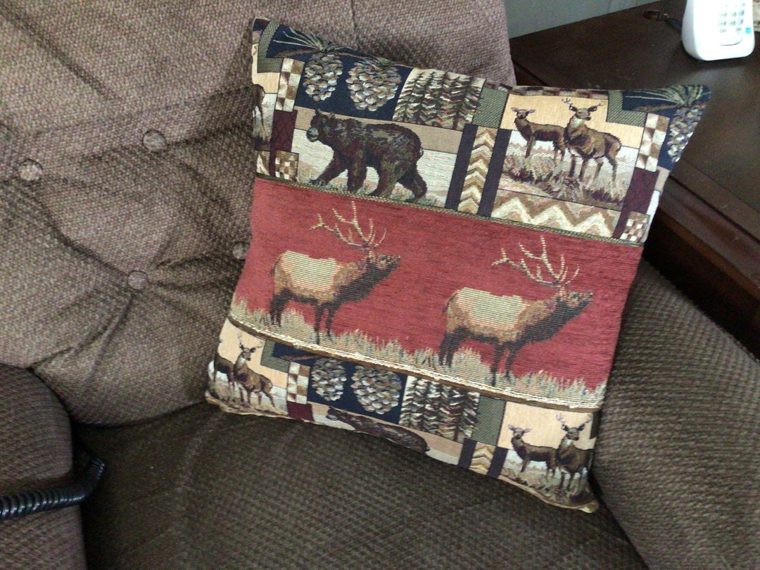 Tapestry Elk Cabin Throw Pillow, Rustic Cabin Decor, Log Cabin ...