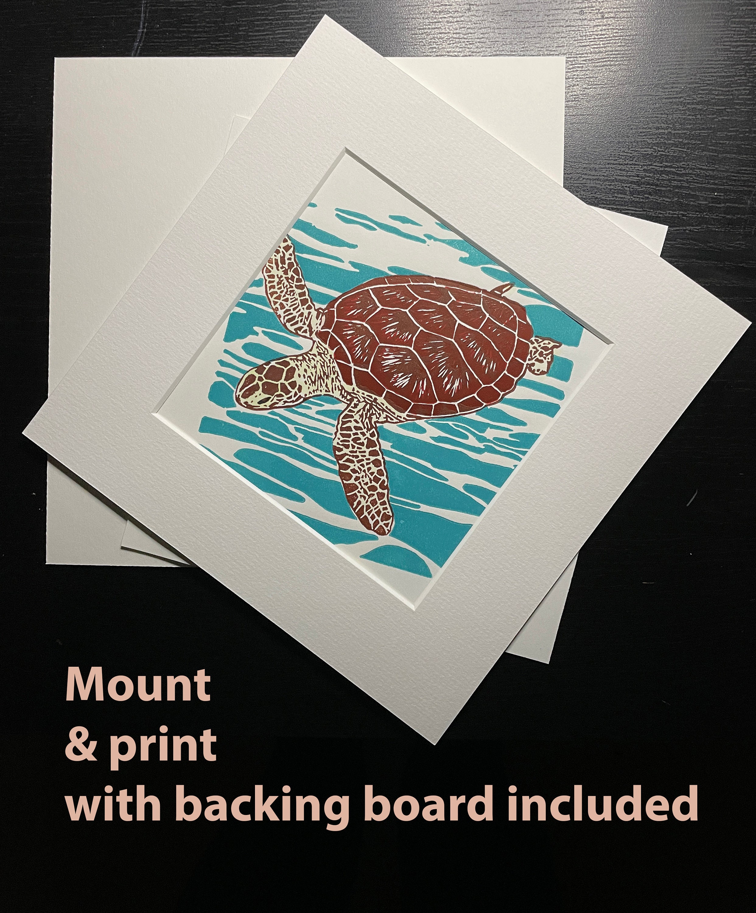Green Sea Turtle 3 Colour Linocut Print in Mount With Backing - Etsy