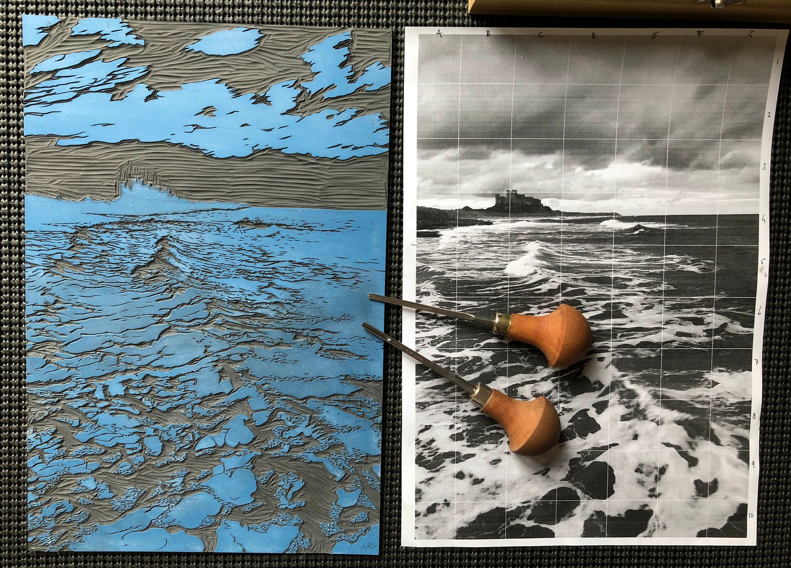 Seascape With Bamburgh Castle 3 Colour Linocut | Etsy UK