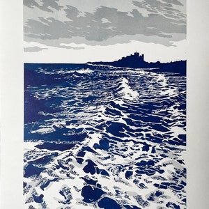 Seascape With Bamburgh Castle 3 Colour Linocut - Etsy