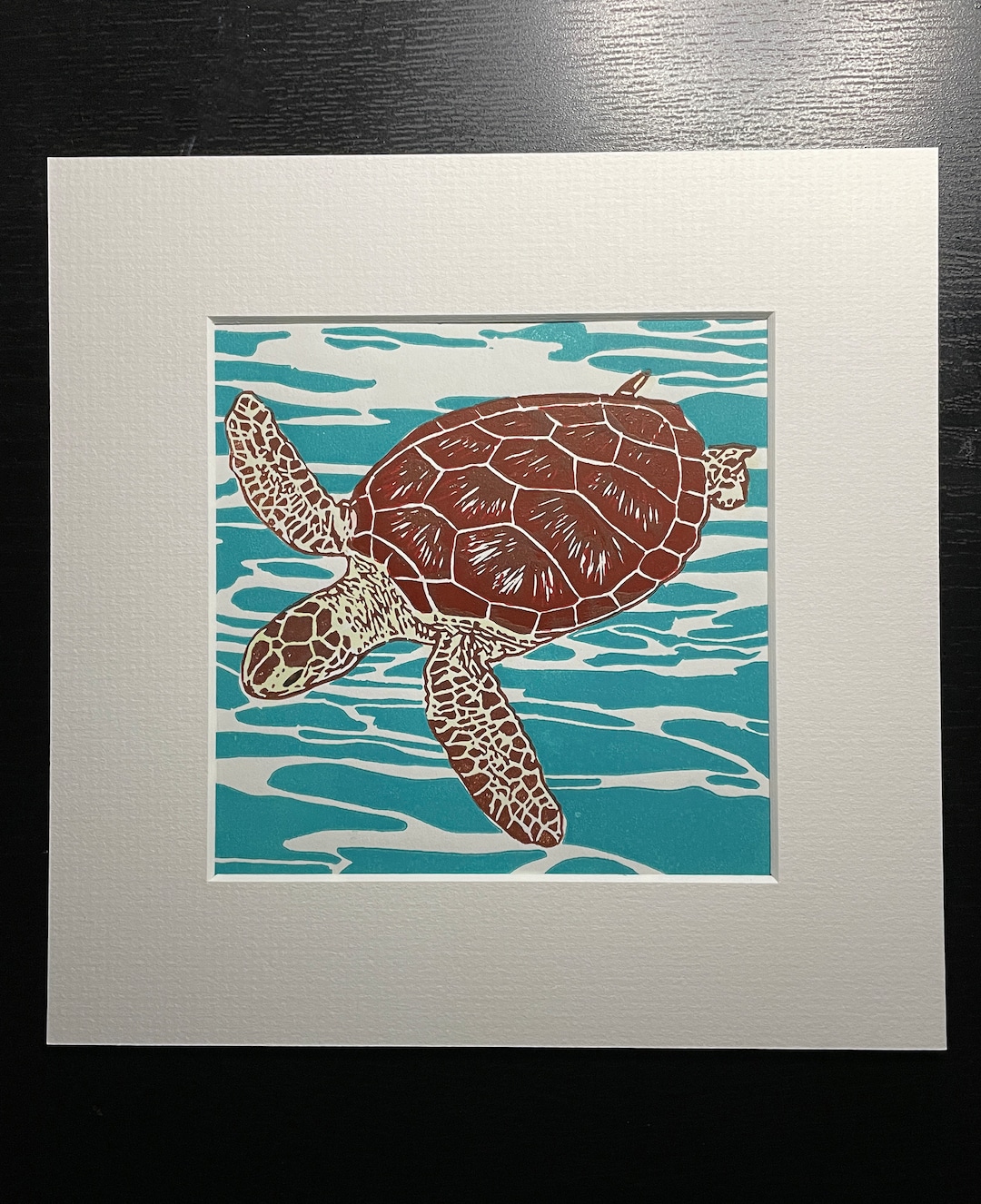 Green Sea Turtle 3 Colour Linocut Print in Mount With Backing Board - Etsy
