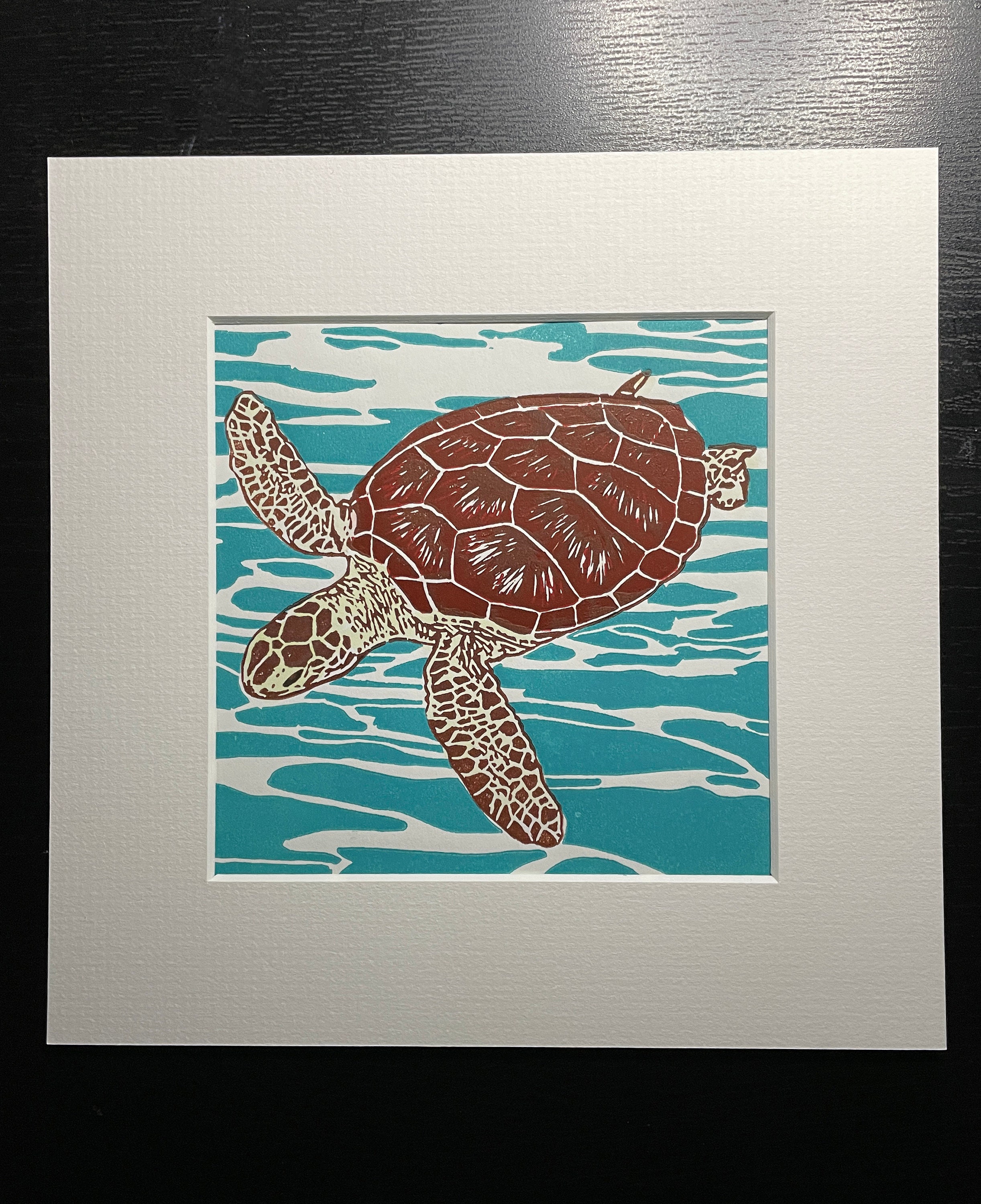 Green Sea Turtle 3 Colour Linocut Print in Mount With Backing Board - Etsy