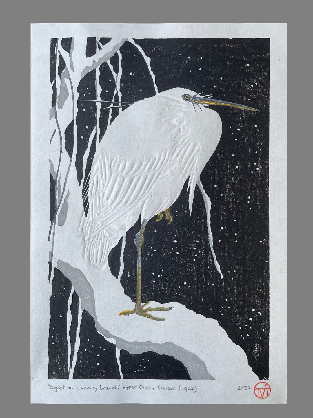 Handmade "egret on a Snowy Branch" Woodcut Print – Embossed Japanese ...