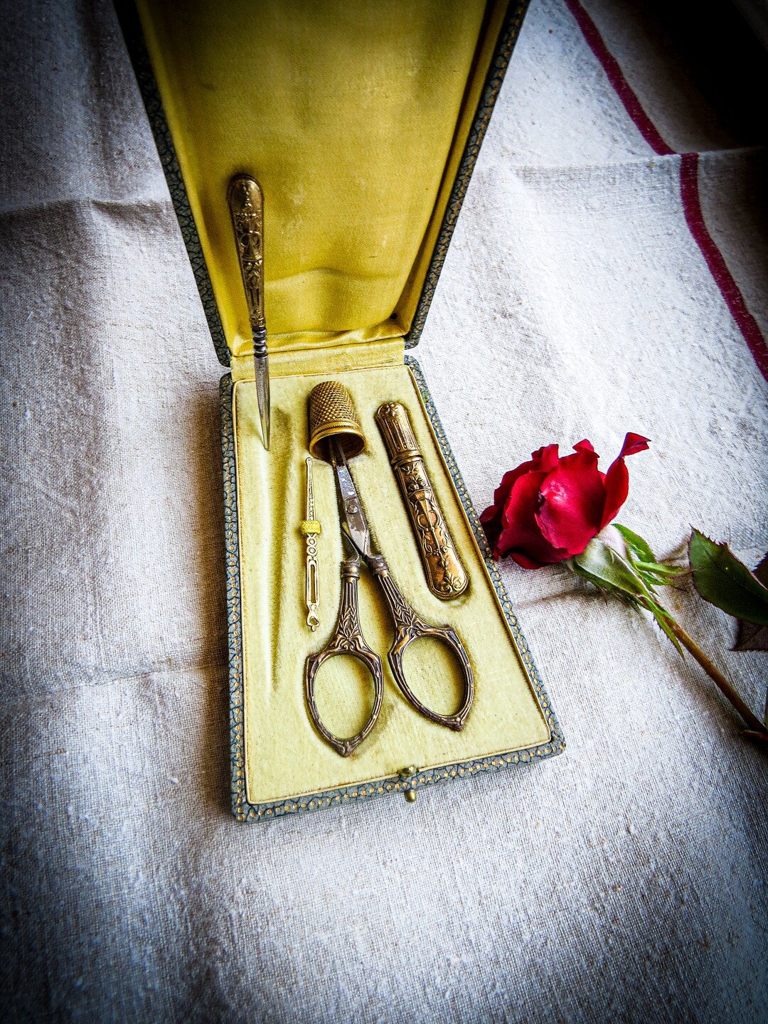 French Antique Sewing Kit, Early 1900's Silver With Gold Finish, 5 ...