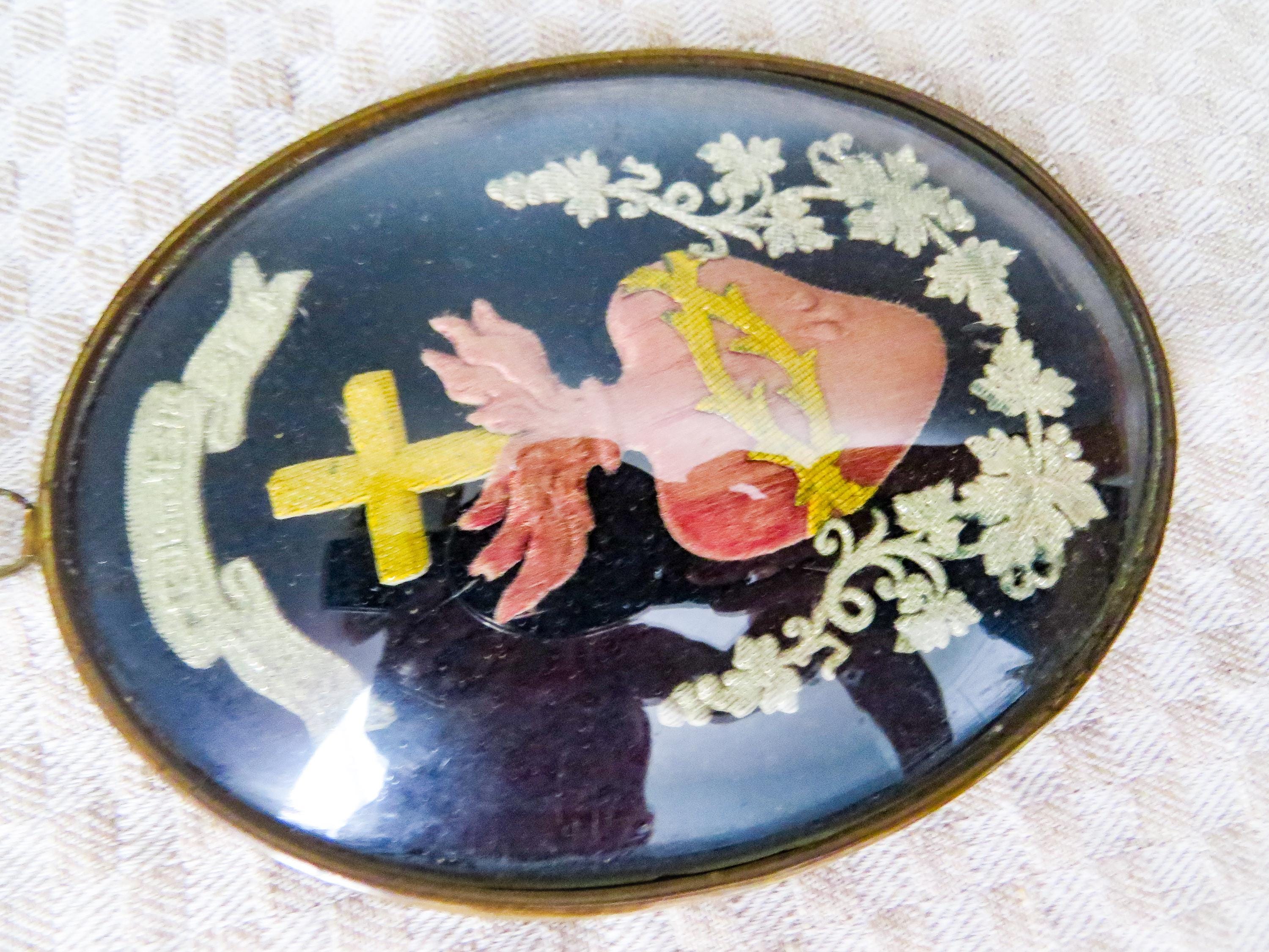 French Antique Bleeding Heart Reliquary, Silk Heart, Gold Cross ...
