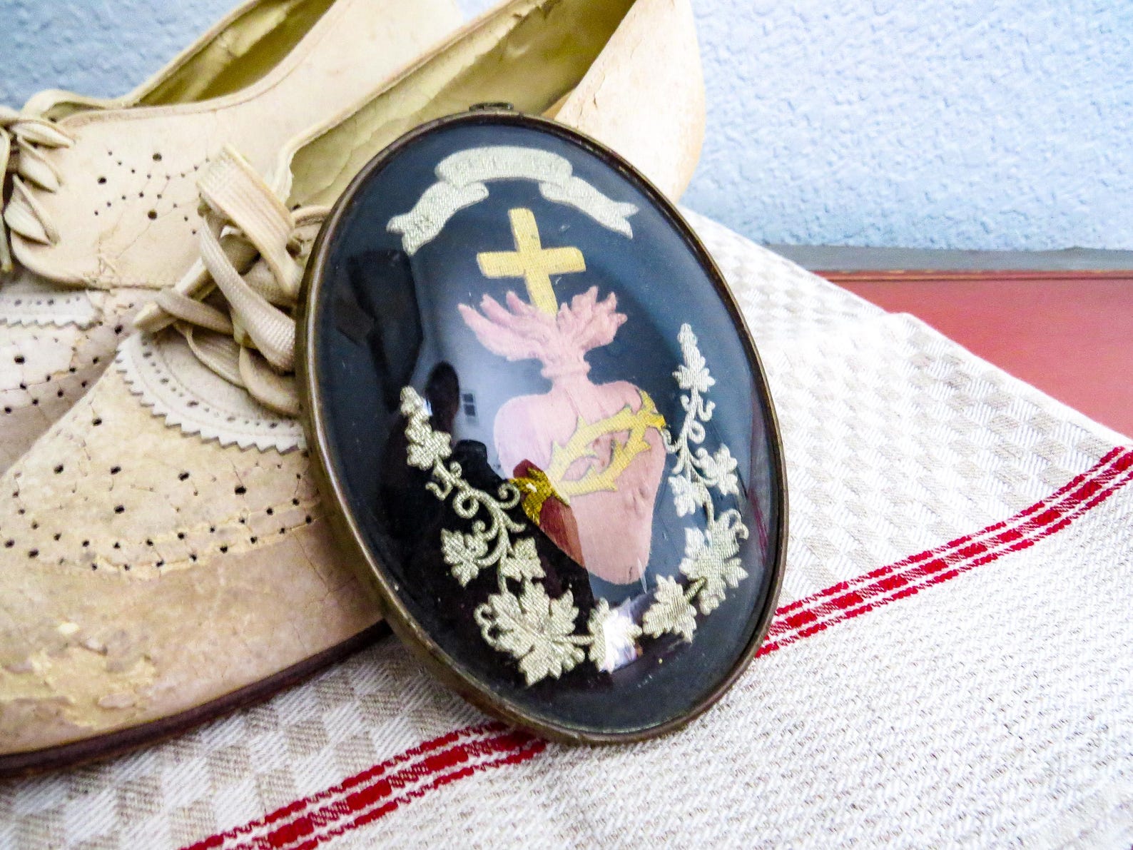 French Antique Bleeding Heart Reliquary, Silk Heart, Gold Cross ...