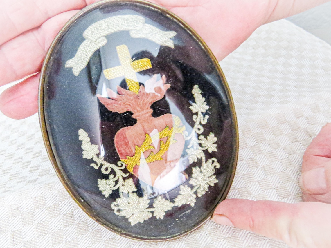 French Antique Bleeding Heart Reliquary, Silk Heart, Gold Cross ...