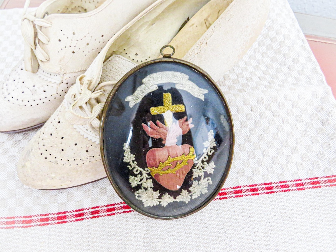 French Antique Bleeding Heart Reliquary, Silk Heart, Gold Cross ...