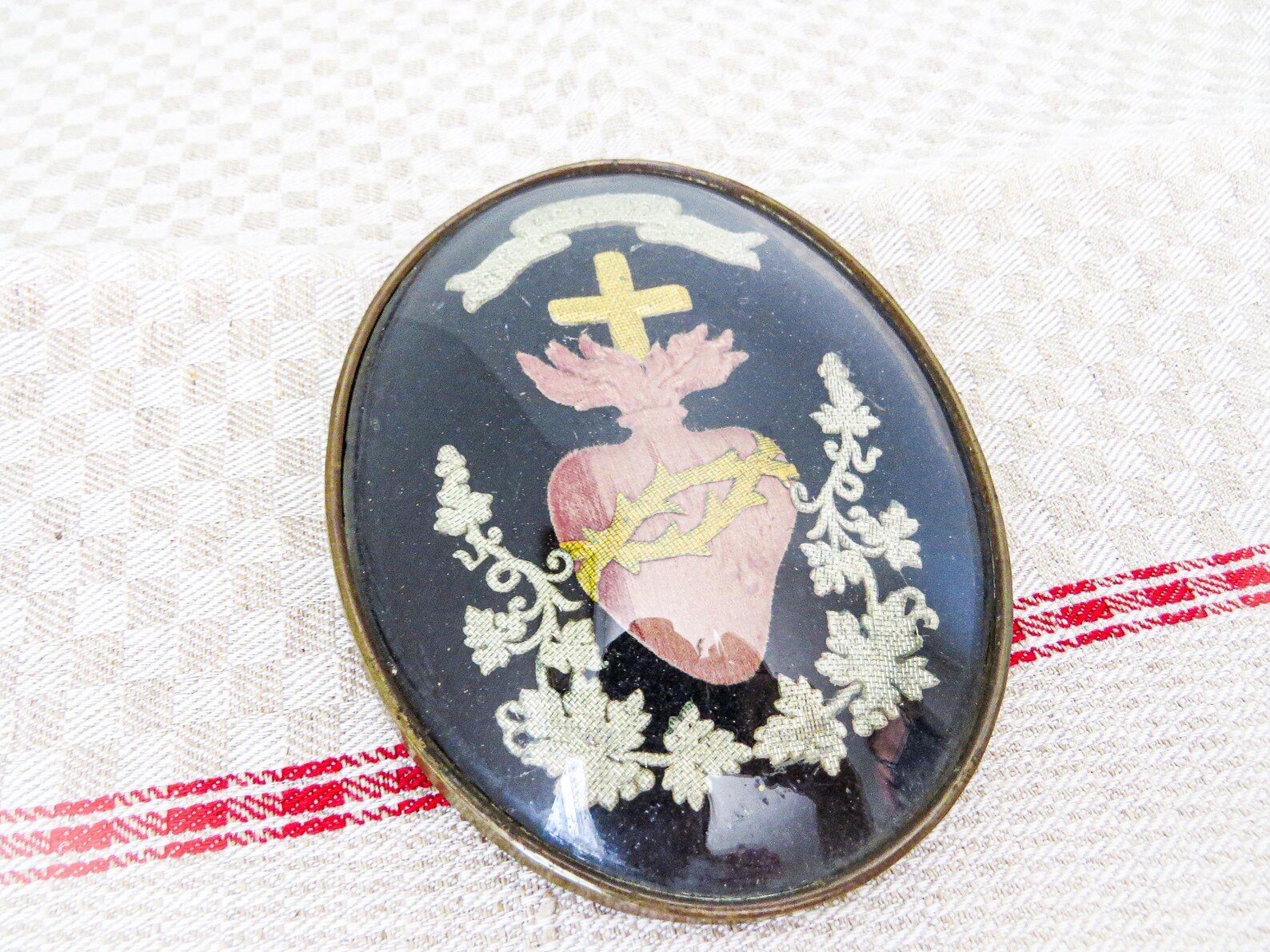 French Antique Bleeding Heart Reliquary, Silk Heart, Gold Cross ...