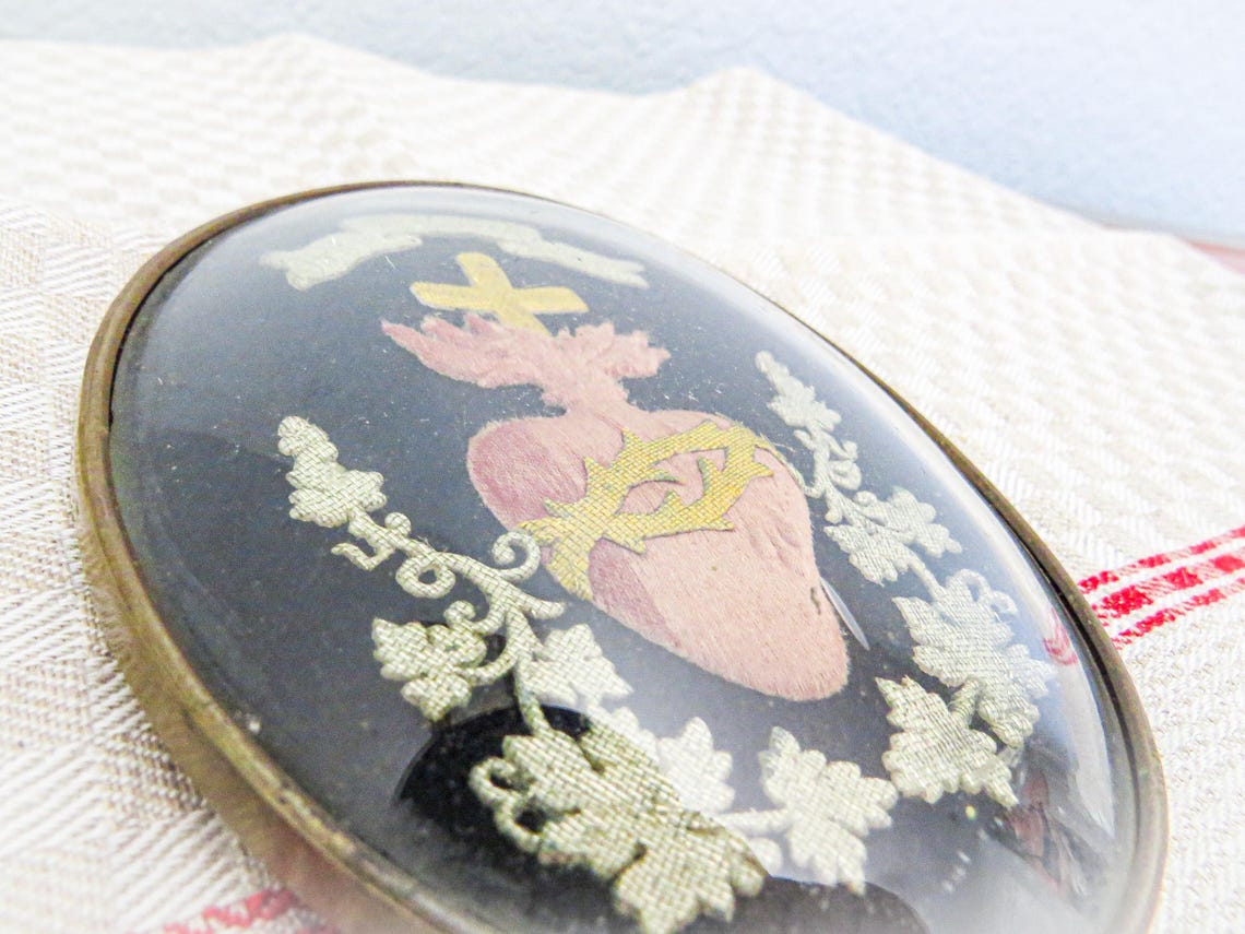 French Antique Bleeding Heart Reliquary, Silk Heart, Gold Cross ...