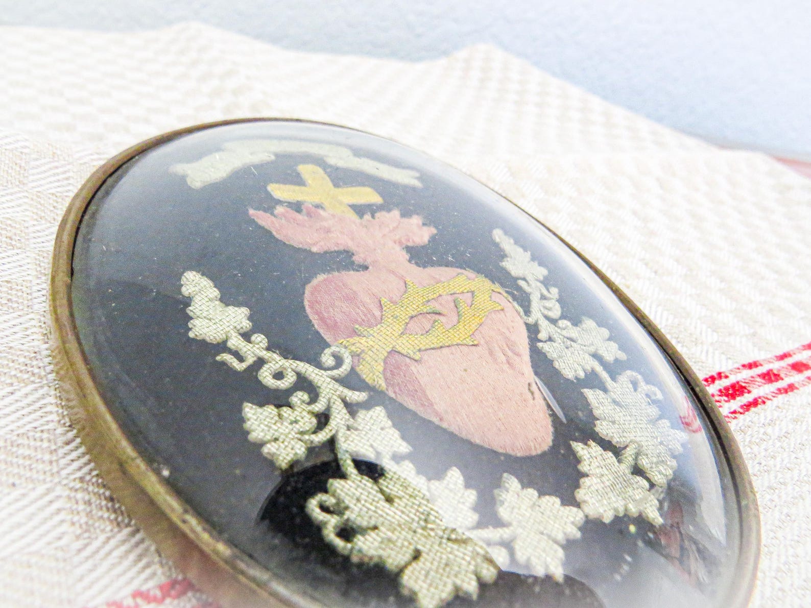 French Antique Bleeding Heart Reliquary, Silk Heart, Gold Cross ...