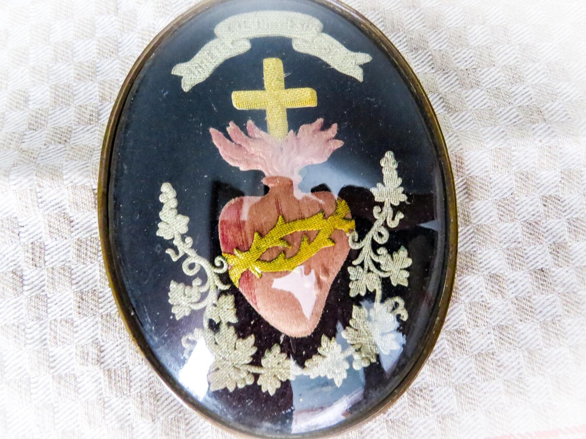 French Antique Bleeding Heart Reliquary, Silk Heart, Gold Cross ...