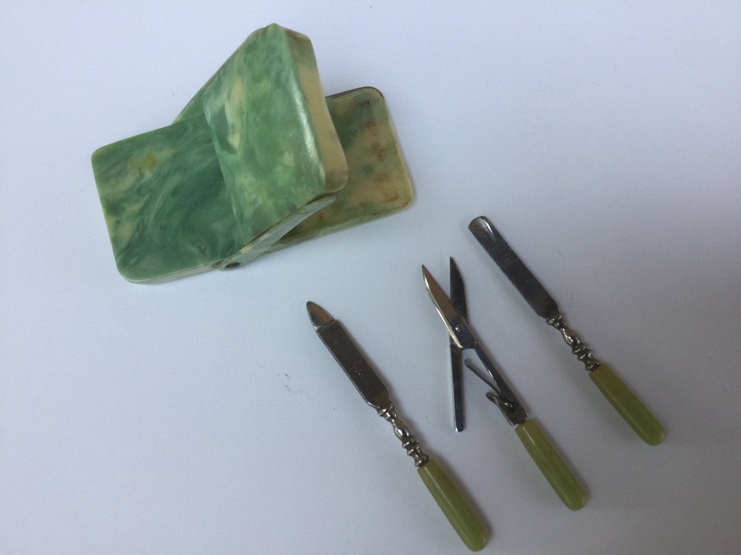 Buy Small Vintage Manicure Set in Travel Case, Swirl Celluloid in Soft ...