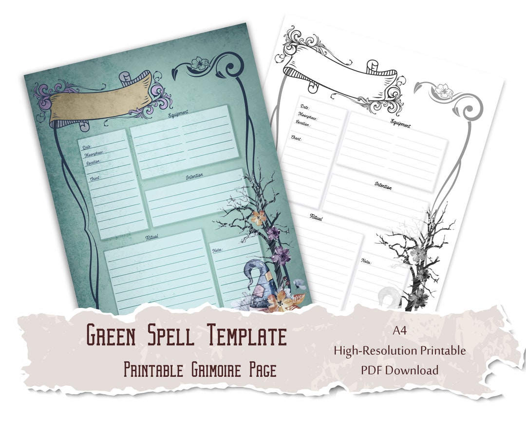 Green Magic Spell Template Printable Grimoire Page for Book of Shadows ...