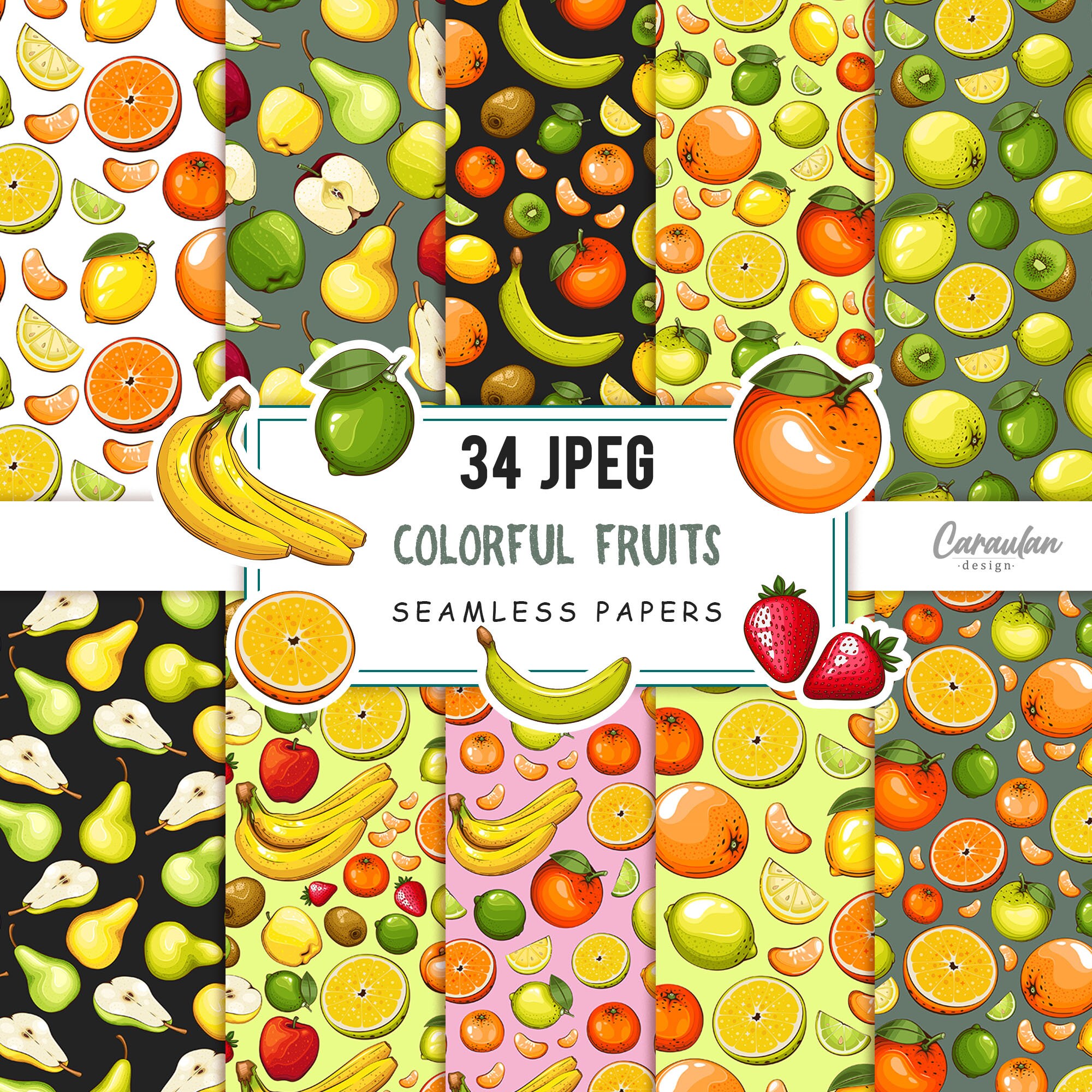 FRUITS Digital Paper, Fruits Papers, Citrus Scrapbook Paper, Vegan Food ...
