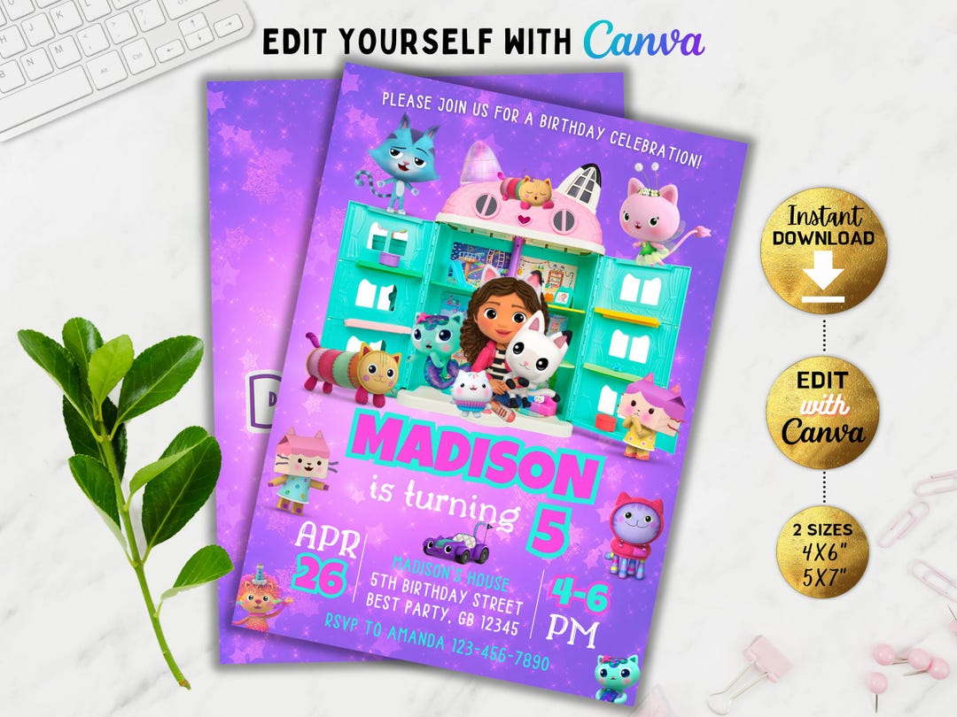 Editable Gabby's Dollhouse Birthday Invitation, Gabby's Kids Birthday ...