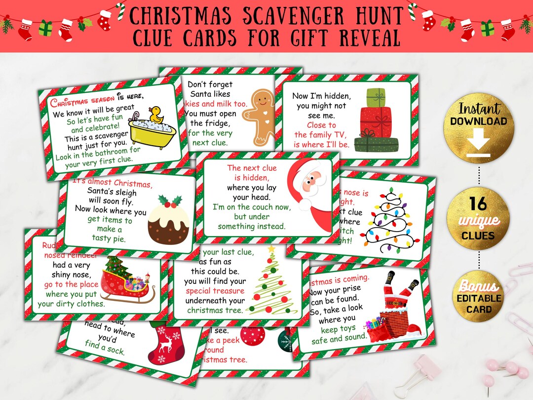 Christmas Scavenger Hunt Clue Cards, Indoor Scavenger Hunt Clues ...