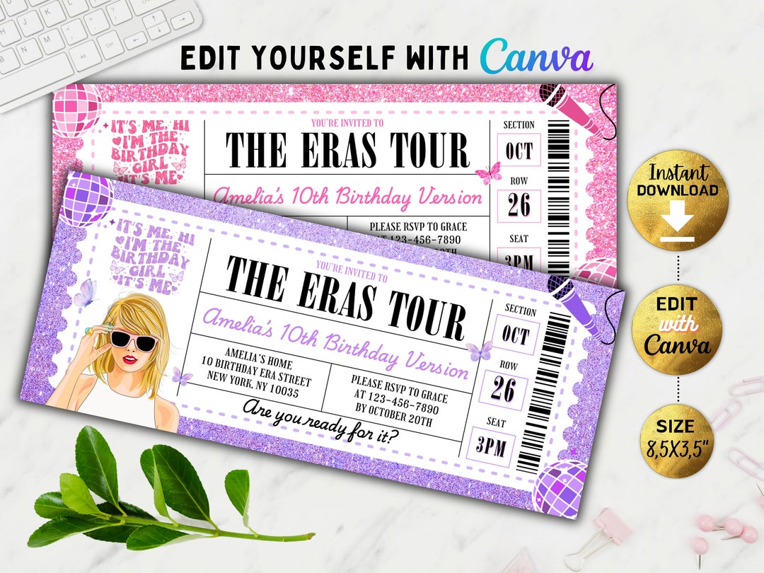Editable Eras Tour Party Ticket, Surprise Music Ticket Stub, Birthday ...