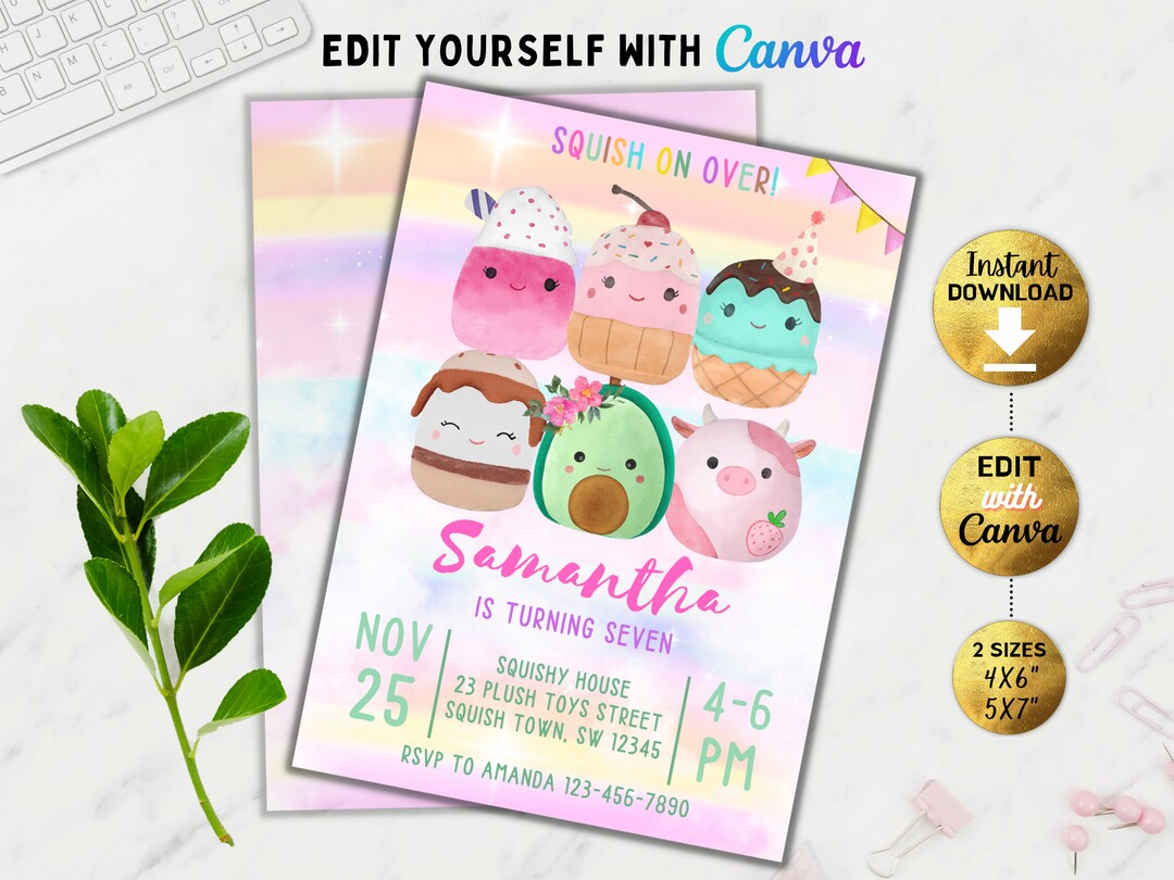 Editable Squishmallow Birthday Invitation, Squish Birthday Invitation ...