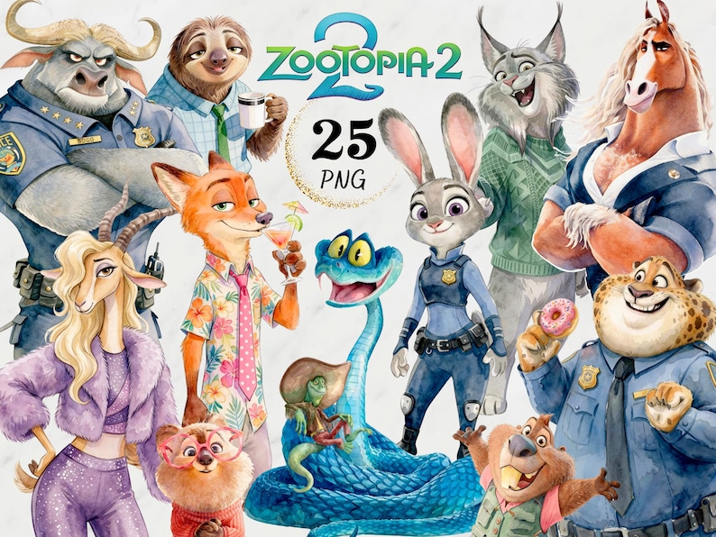 Zootopia 2 Watercolor 25 PNG Clipart Bundle, Zootopia 2 PNG Cartoon ...