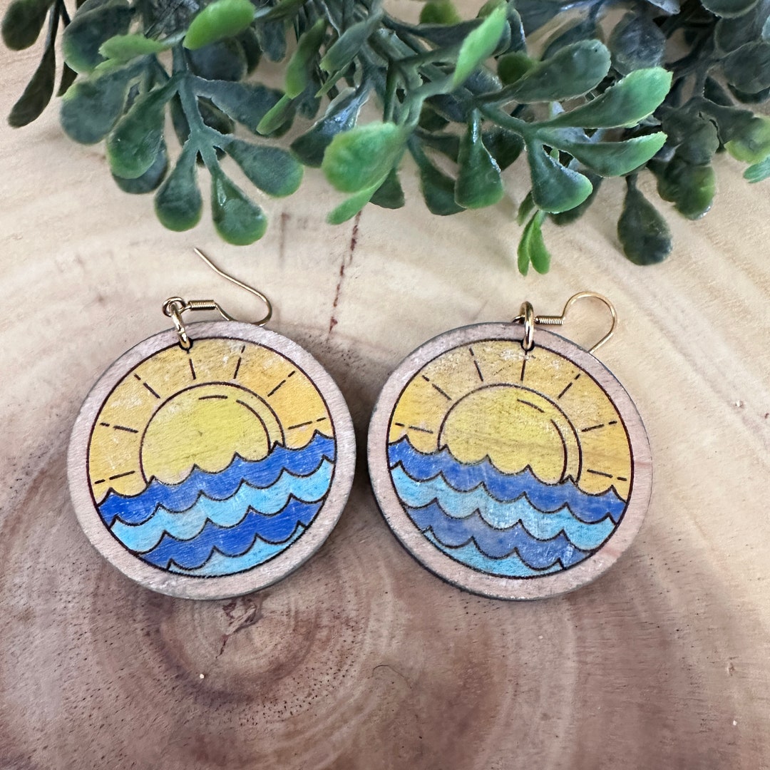 Beach Earrings SVG Cut File | Sun and Waves Laser Cut Earring Design ...