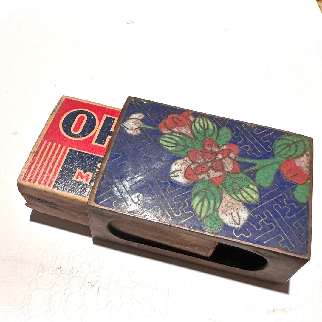 Cloisonné Matchbox Cover With Original Matchbox Vintage Blue Background ...
