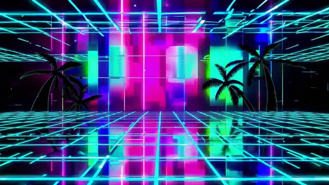 Retro 80s Animated Screensaver With Flashing Neon Lights and Palm Trees ...