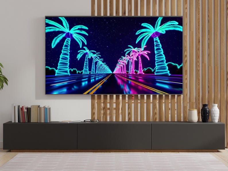 Neon Palm Drive Screensaver: 80s Vaporwave Animation, Digital Download ...