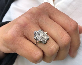 Virgin Mary Ring, 925 Silver, 9k Gold, Religious Ring Virgin Mary Ring, 925 Silver, 9k Gold, Religious Ring